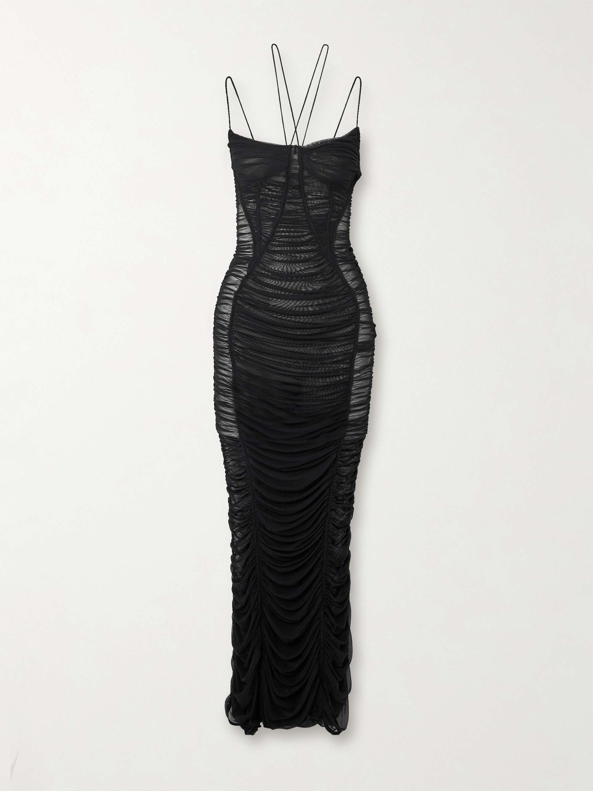 Mugler Ruched Stretch-Mesh Maxi Dress In Black - 50% Off | Editorialist