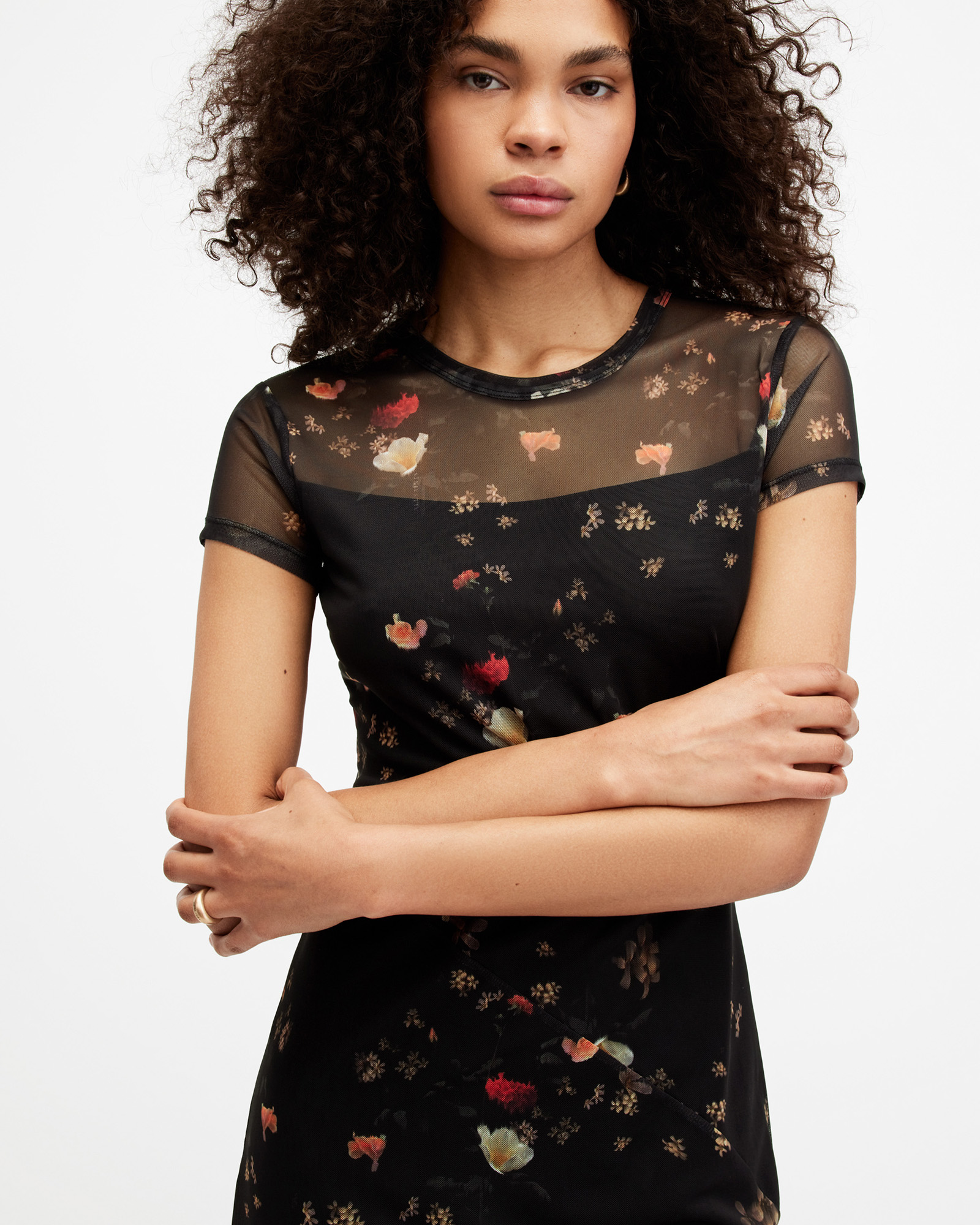 hanna short sleeve mesh kora midi dress Hanna Kora Floral Print Midi Dress (Women)