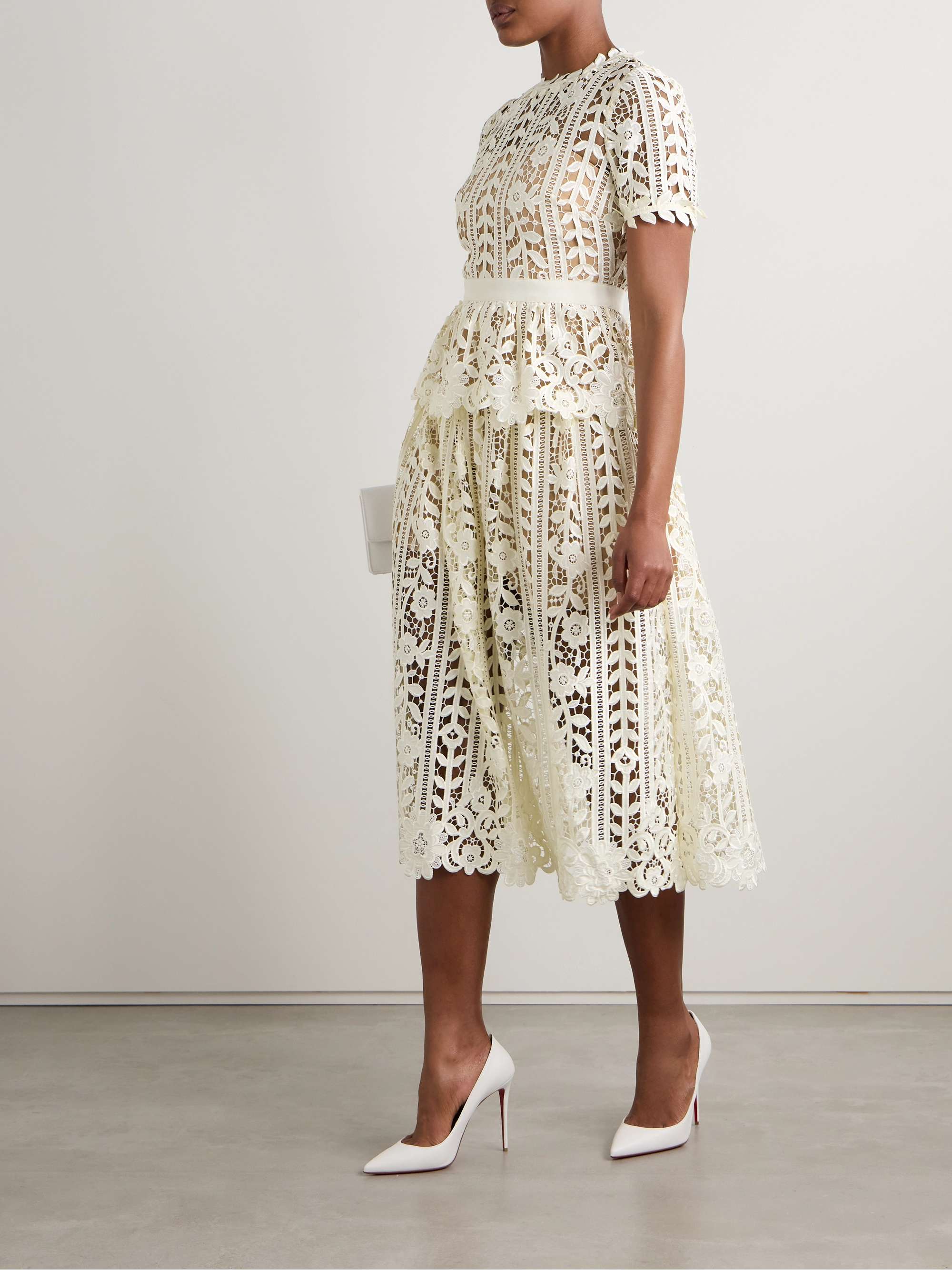 Self-Portrait Grosgrain-Trimmed Guipure Lace Peplum Midi Dress In