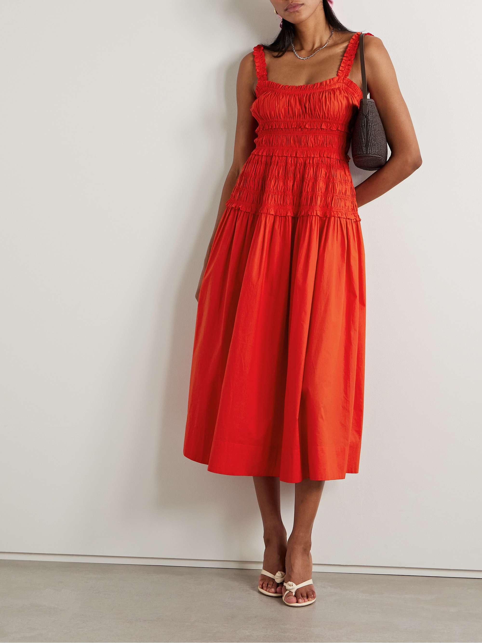 doen marianne dress red DôEn Marianne Shirred Cotton-Poplin Midi Dress - Red