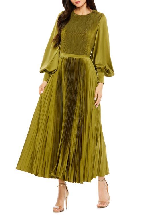 Mac Duggal Long Sleeve Pleated Satin Cocktail Midi Dress - Olive |  Editorialist