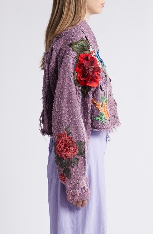 Nikki Lund Bloom Floral Appliqué Denim Trucker Jacket - Purple
