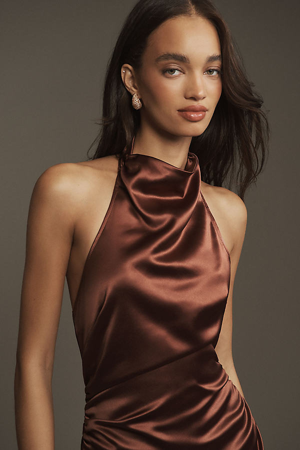 Bhldn Holly Halter Stretch Satin Midi Dress In Moss - 50% Off | Editorialist