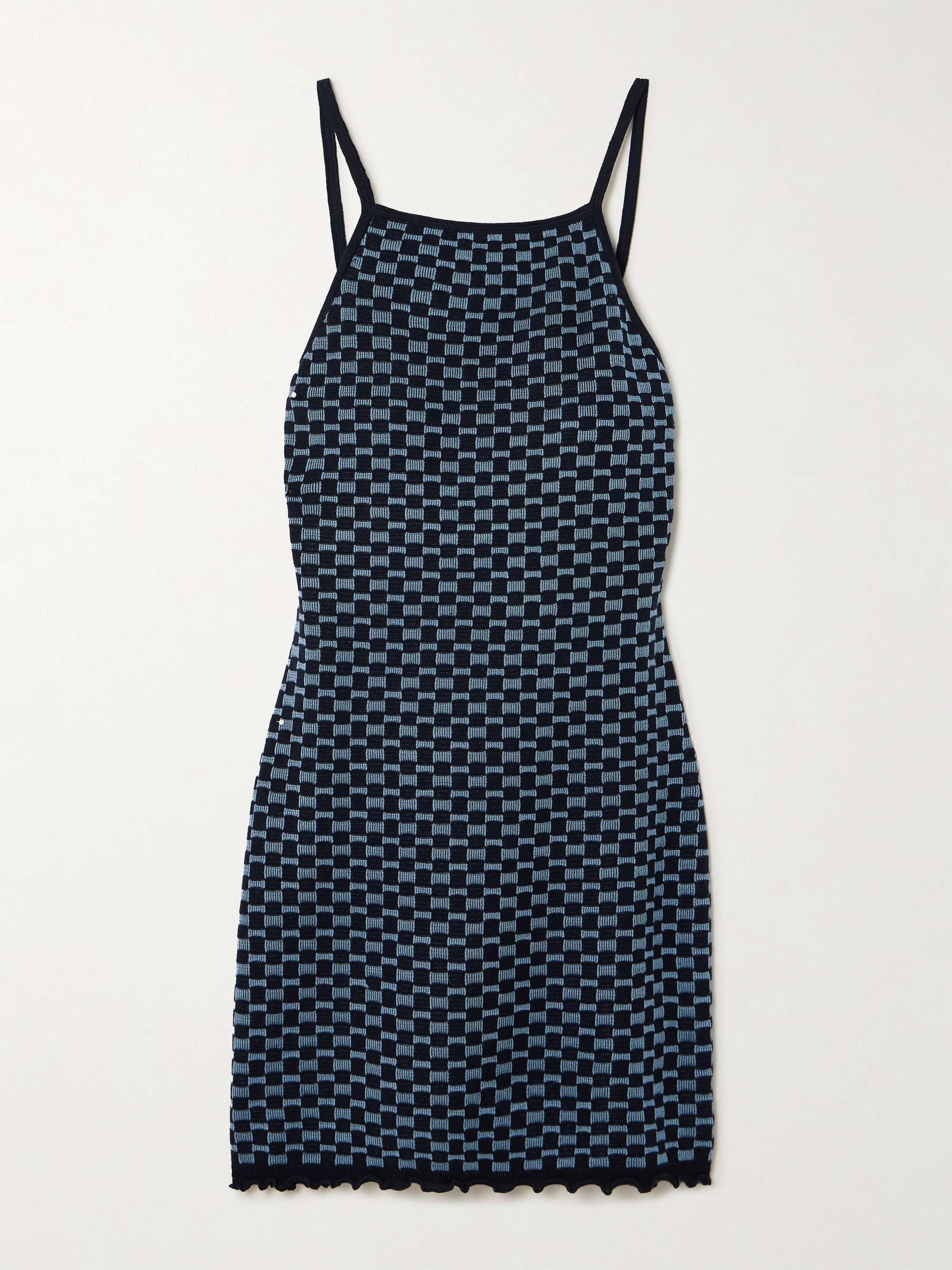 guest in residence knit dresses Ruffled Checked Knitted Cotton And Silk-Blend Mini Dress In Blue - 50% Off Women Business Suit