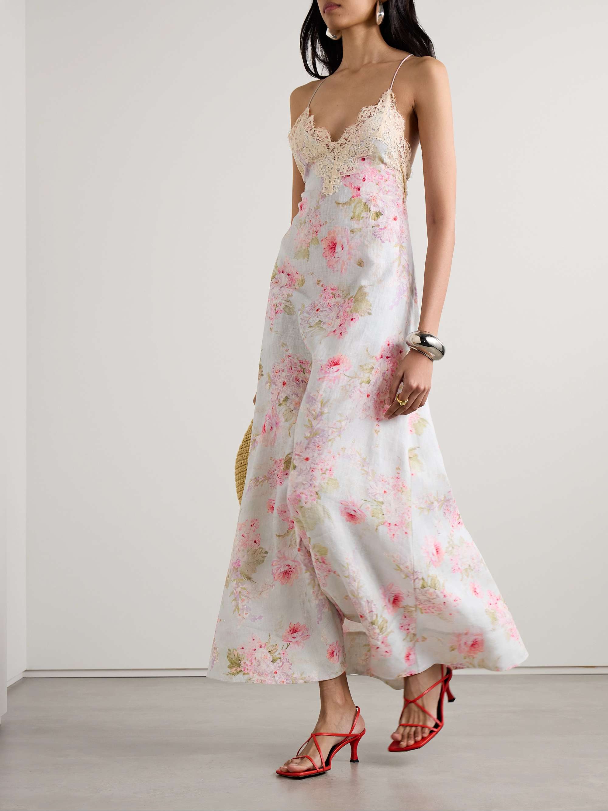 slim fit dress slacks Lace Spliced Tie Front Floral Print Maxi Dress, Pink / Xs main image 1
