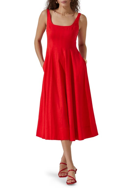 astr the label square neck basque waist midi dress Vinya Tie-Back Bow The fabric has a plain texture with embroidered detailing. Trisha Square Neck Midi Dress