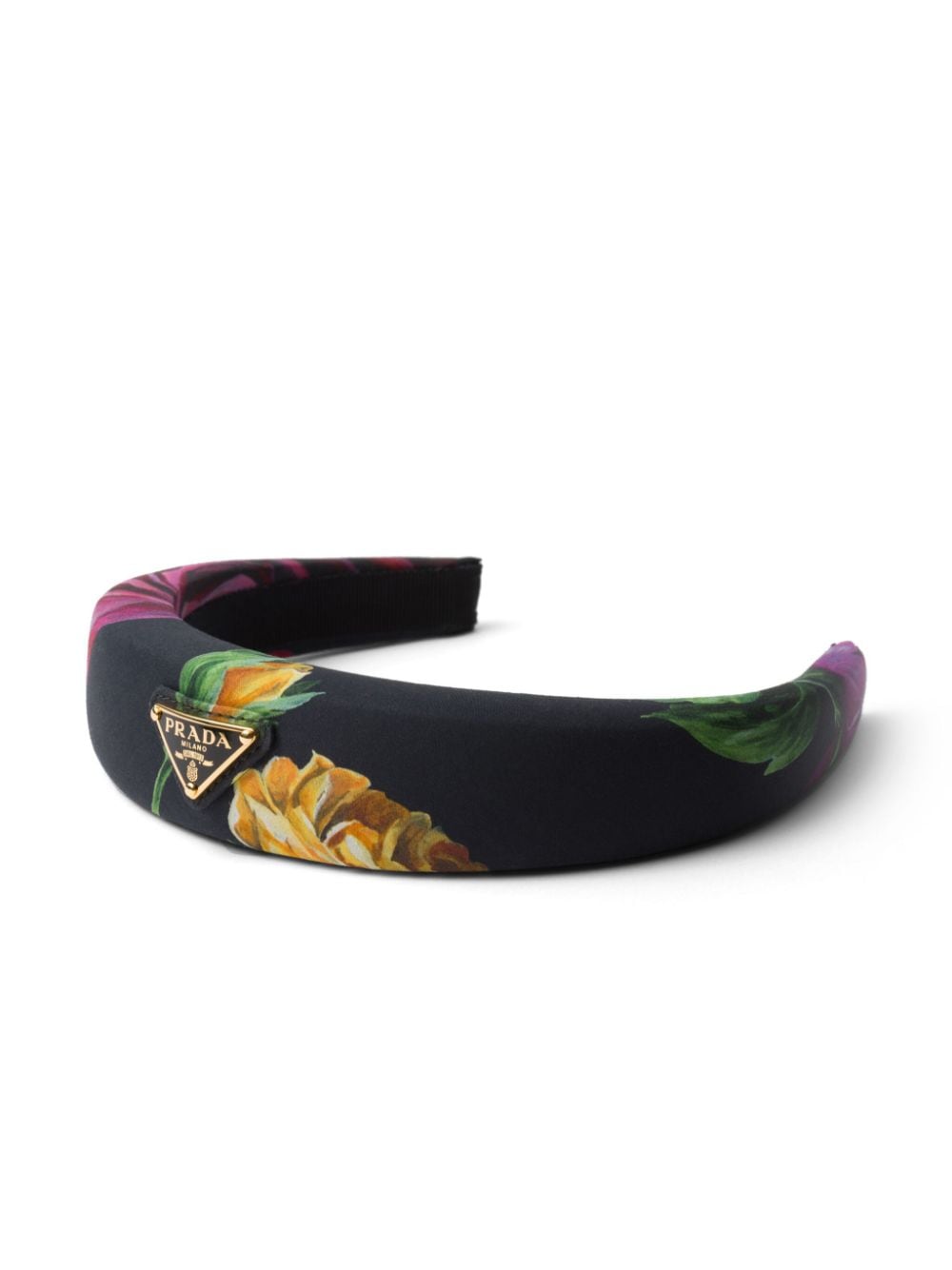 Prada Re-Nylon Headband With 3D Flowers - NWT Prada Logo-Appliqué Floral-Print Headband - Black | Editorialist main image 3