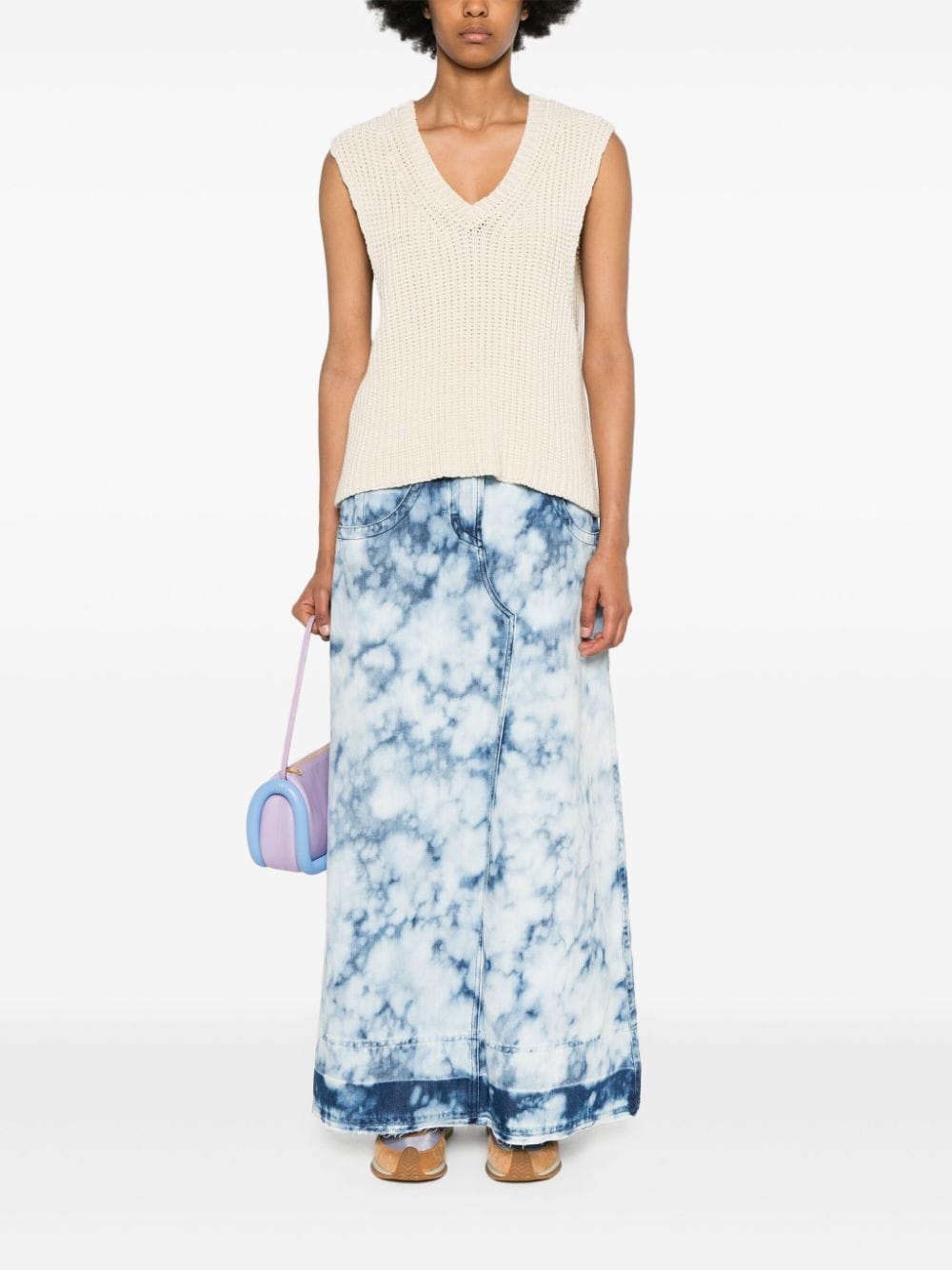 PALM ANGELS Palm Angels Acid-Wash Midi Denim Skirt