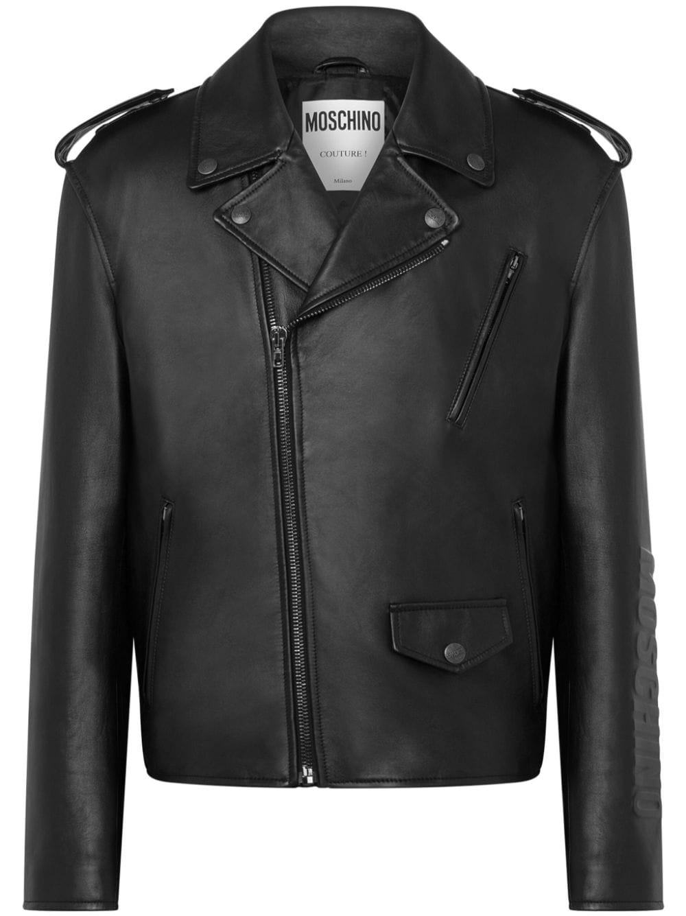 MOSCHINO レザージャケット Moschino Logo-Embossed Leather Biker Jacket In Black - 50% Off
