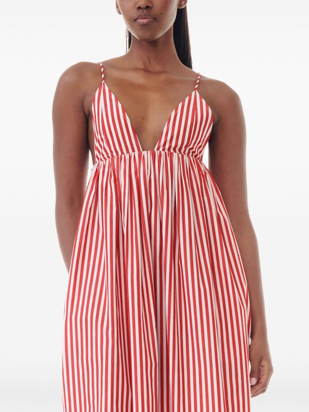 ganni red striped dress GANNI Stripe Cotton Mini Bow Tie Dress