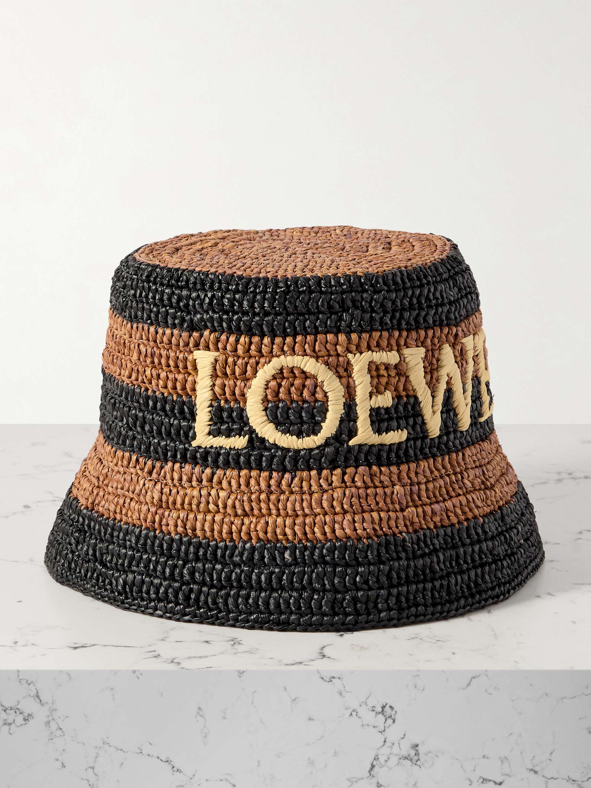 Loewe Logo-Embroidered Striped Raffia Bucket Hat In Black 