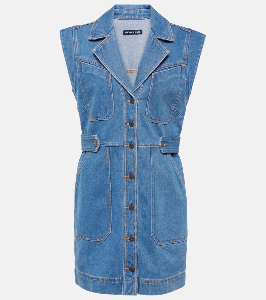 veronica beard denim dress Jean Women's Edwina Sleeveless Midi Dress, Iceberg, Blue, 14 at Amazon Women's Clothing store neckline extends into a button Veronica Beard Hensley Denim Dress