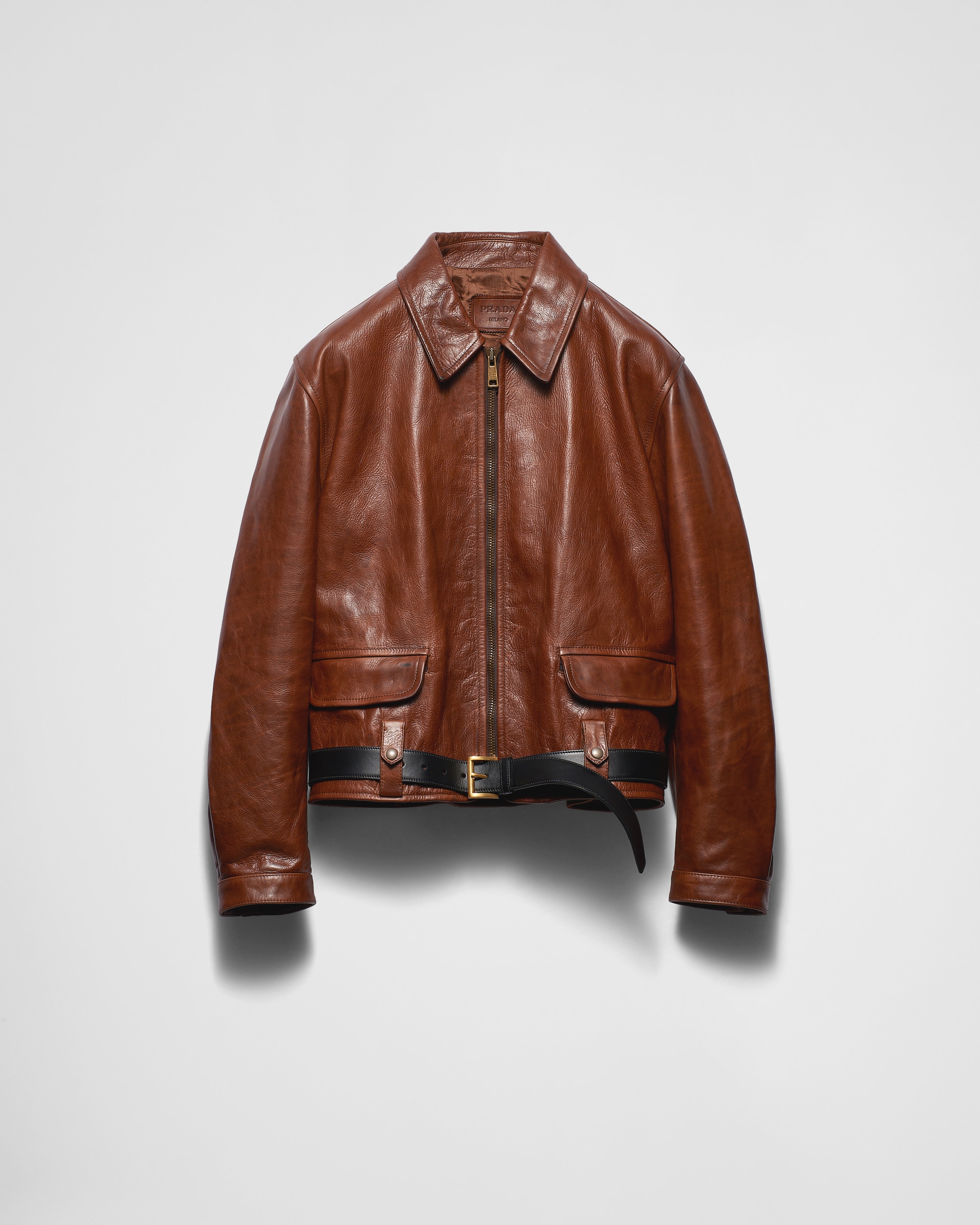 Prada Leather Jacket With Belt - Palisander | Editorialist