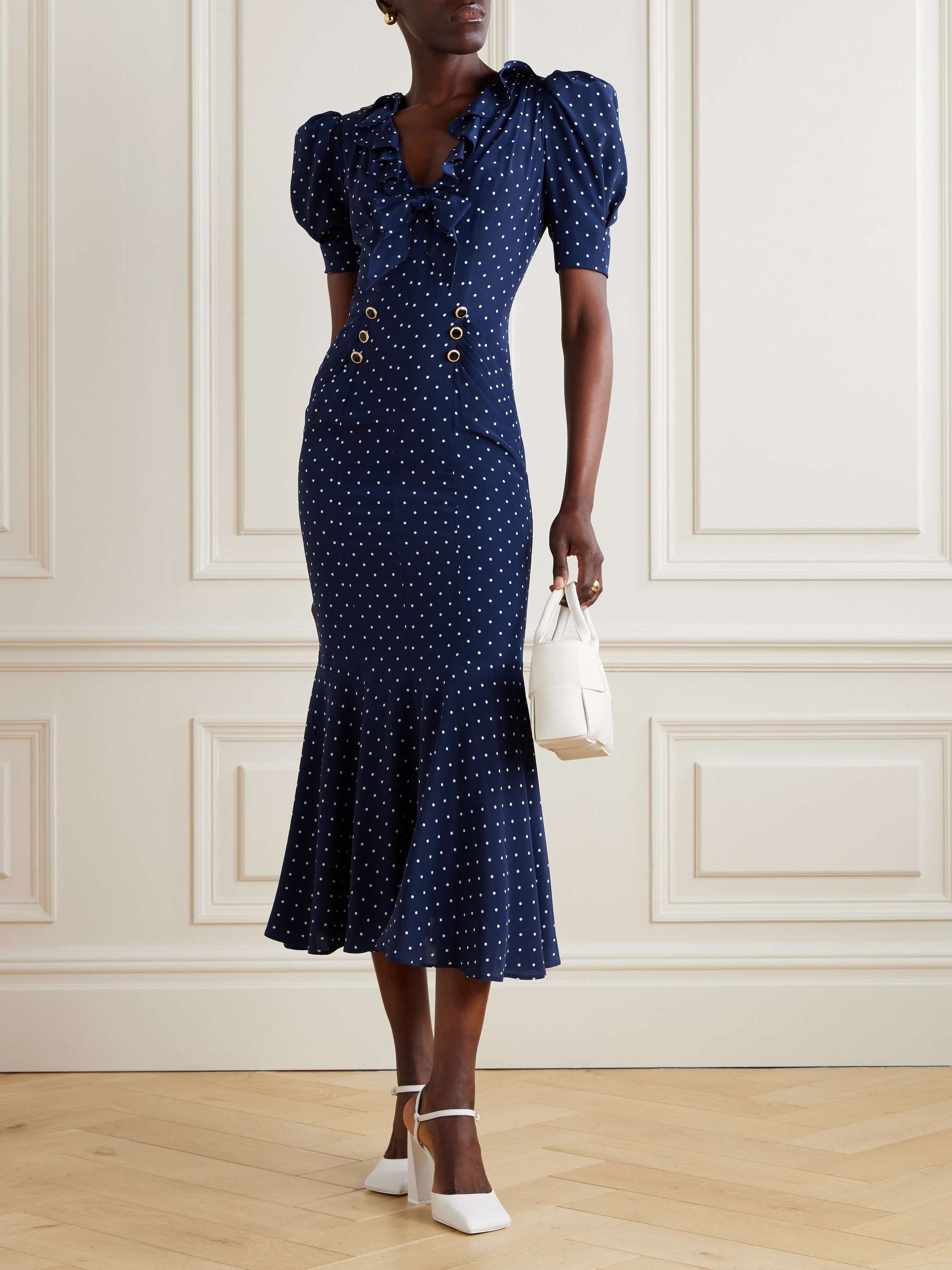 silk polka dot dress MORANE Brown Satin Romantic Long with Puffy Sleeves Maisoncleo The navy blue dress is adorned with white polka dots and exudes elegance and modernity Alessandra Rich Ruched Polka-Dot Silk