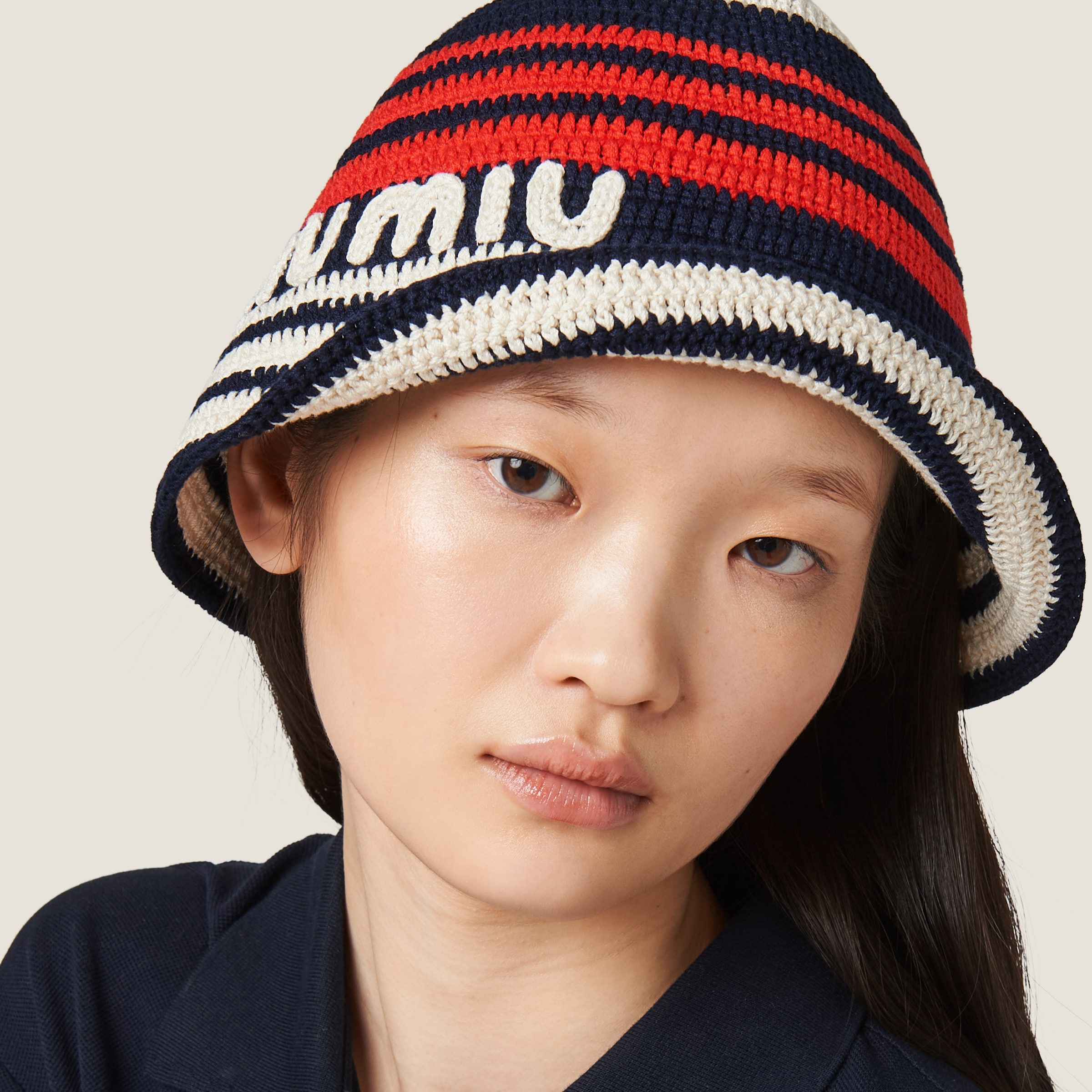 MIU MIU Crochet-Knitted Bucket Hat Miu Miu // Beige & White Logo Woven Bucket Hat – VSP Consignment main image 4