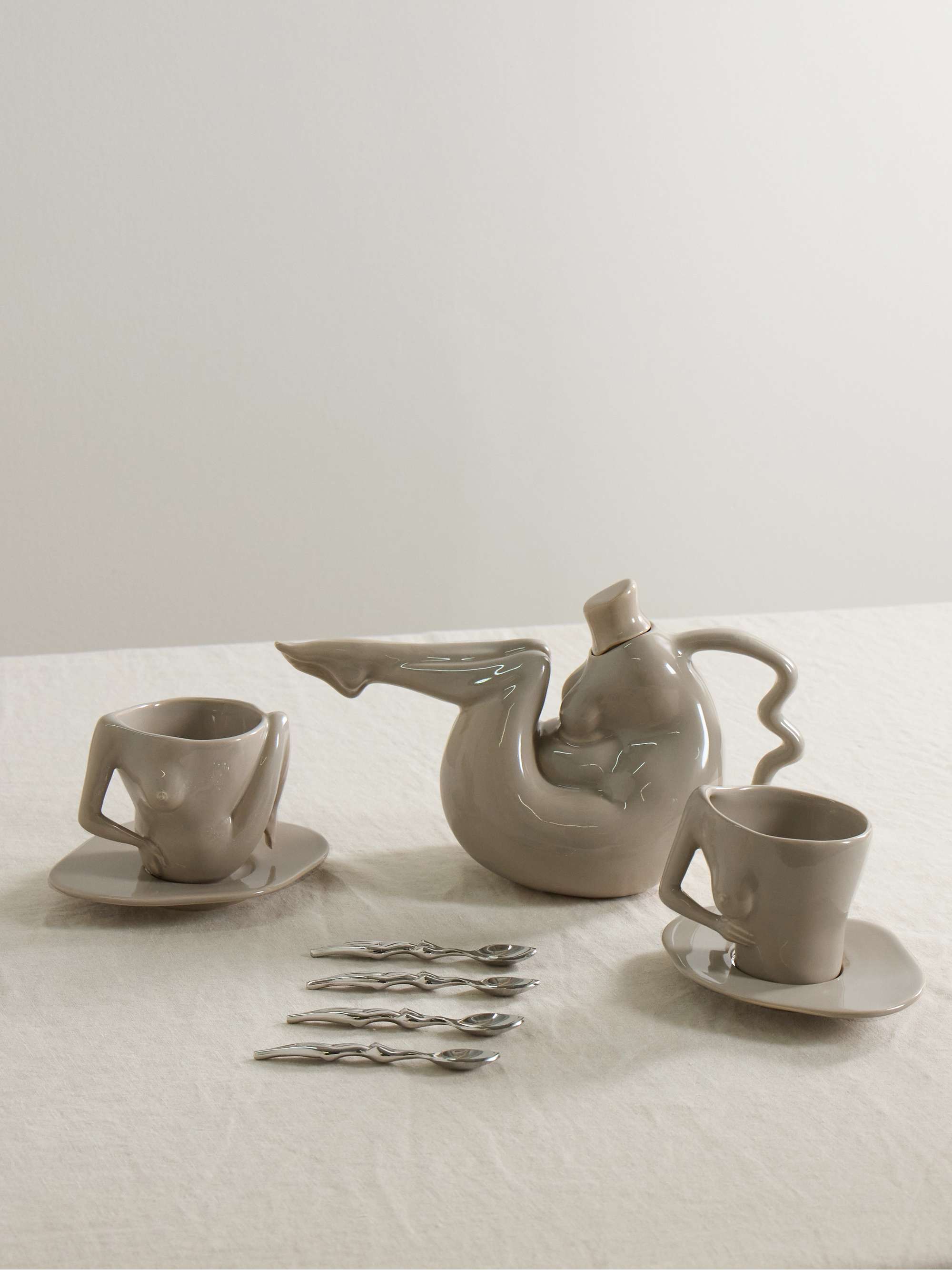 Anissa Kermiche Set Of Ceramic Teapot, Teacups, Saucers And Stainless Steel  Teaspoons In Neutrals - 40% Off | Editorialist