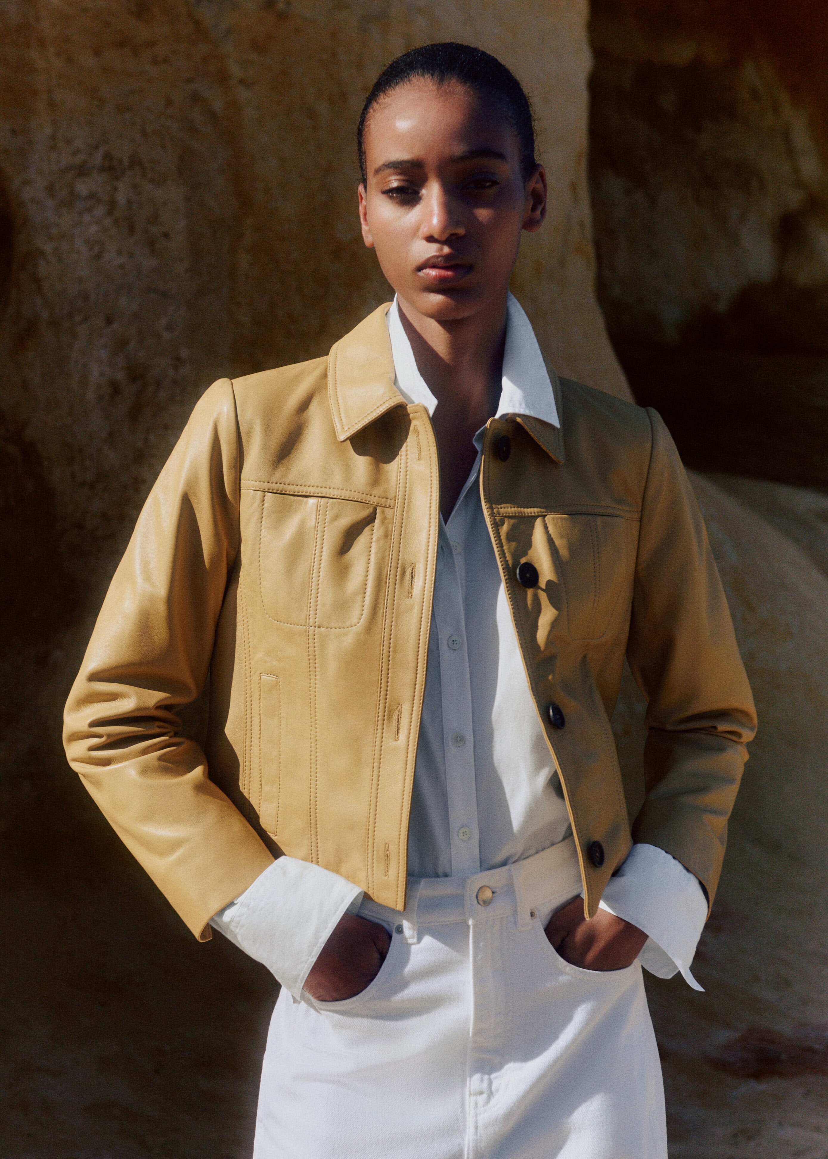 Me+Em Leather Cropped Jacket In Ochre - 30% Off | Editorialist
