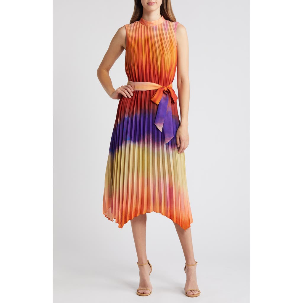 tahari orange dress Tahari Asl Pleated Midi Dress With Removable Sash In Orange Multi - 70% Off