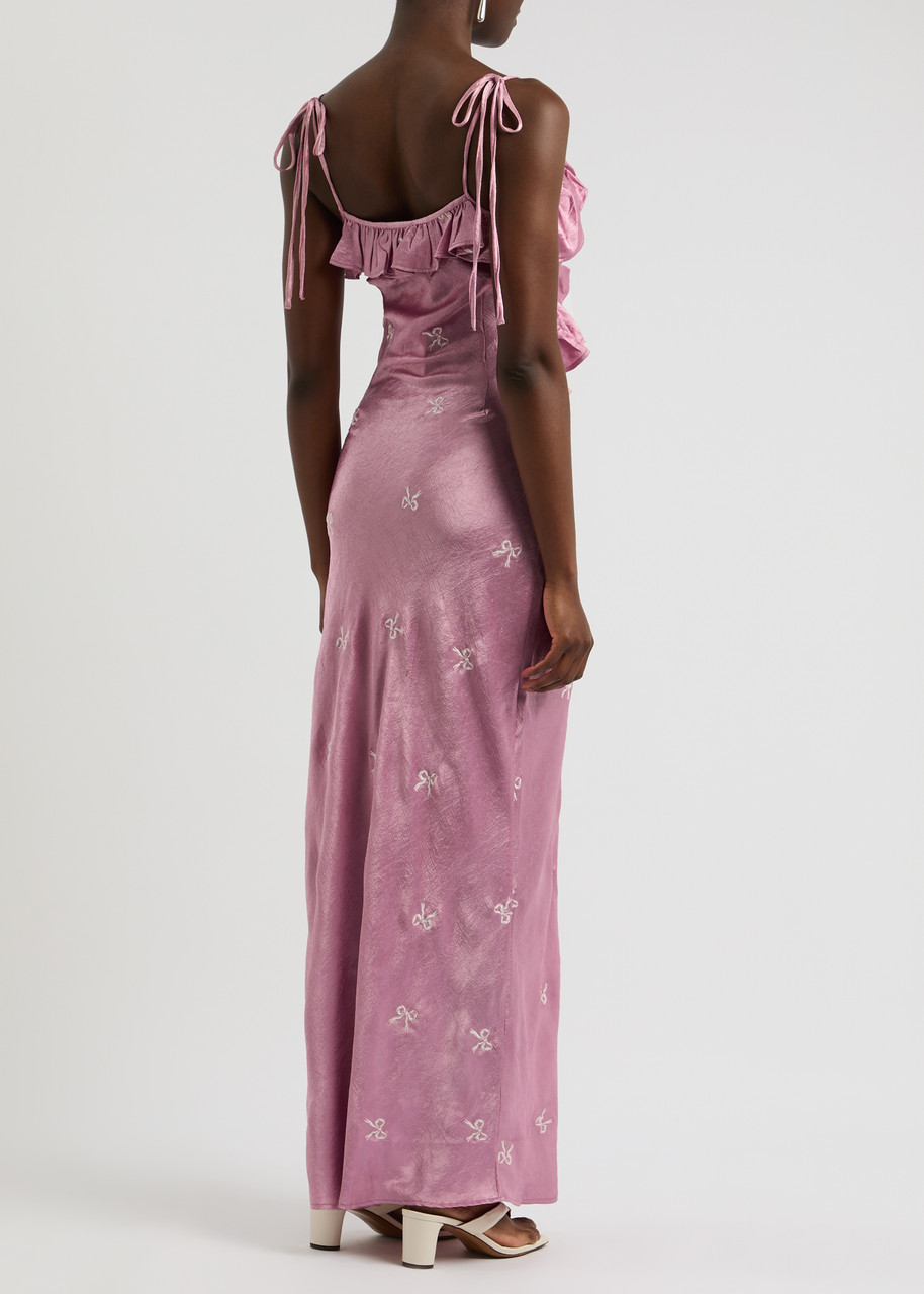damson madder pink dress Damson Madder Kiki Bow-Embroidered Satin Maxi Dress - Pink
