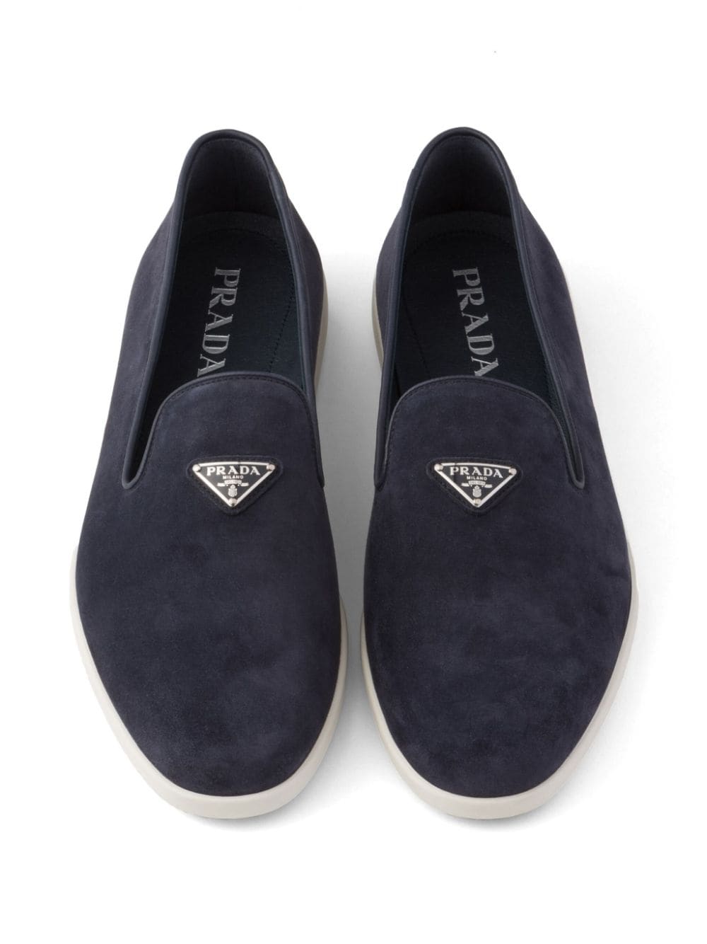 Prada Triangle-Logo Suede Loafers - Blue | Editorialist display picture 3