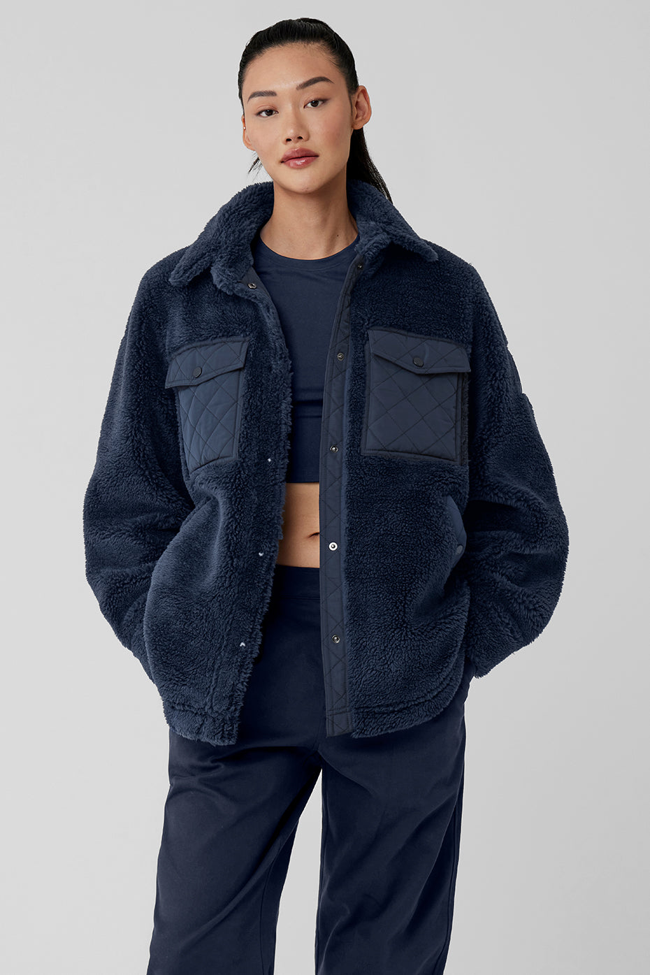 Alo Yoga Sherpa Edge Shacket Jacket In Blue - Navy | Editorialist