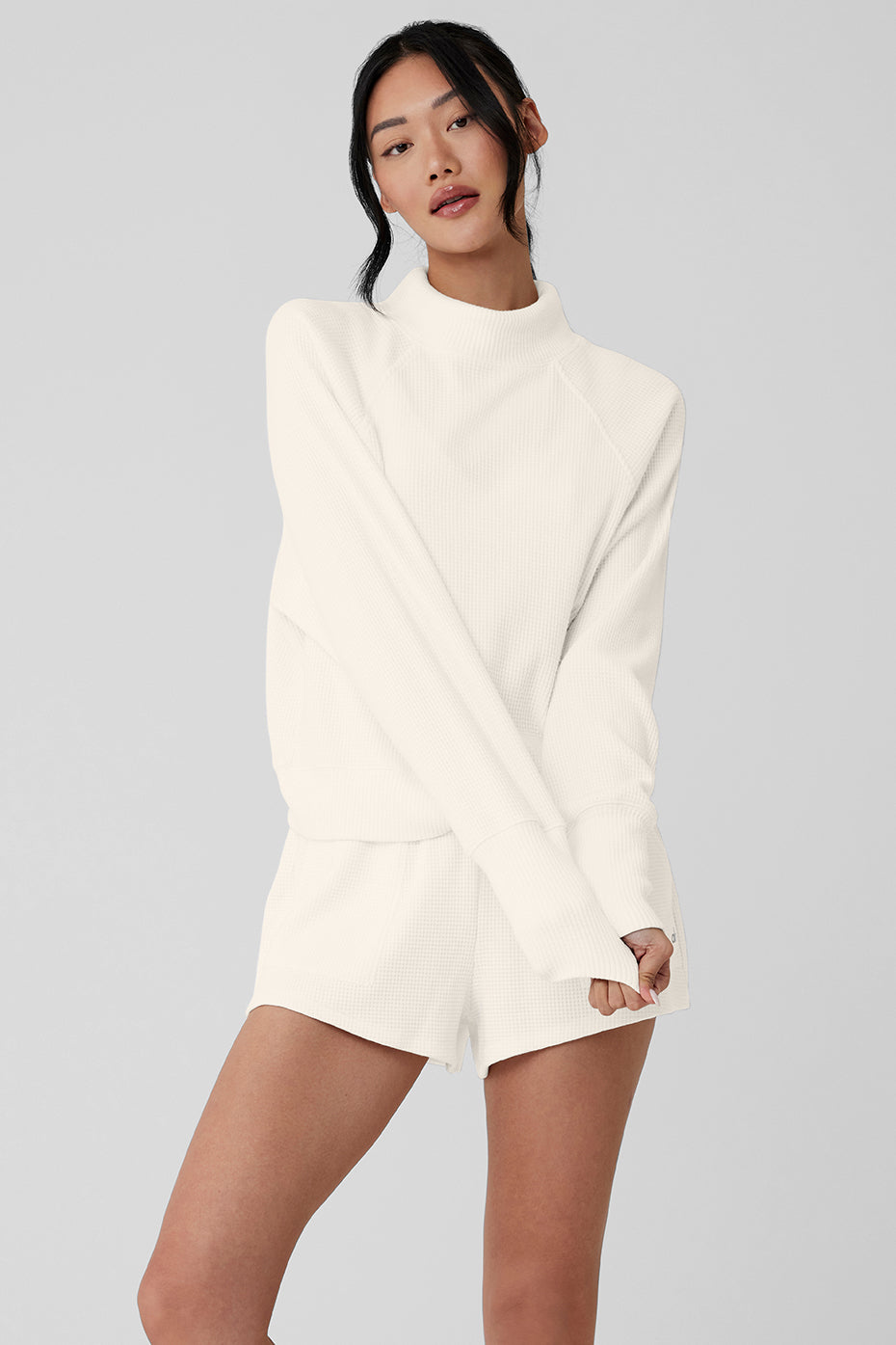 Alo Yoga Waffle Weekend Escape Mock Neck Long Sleeve Sweatshirt In