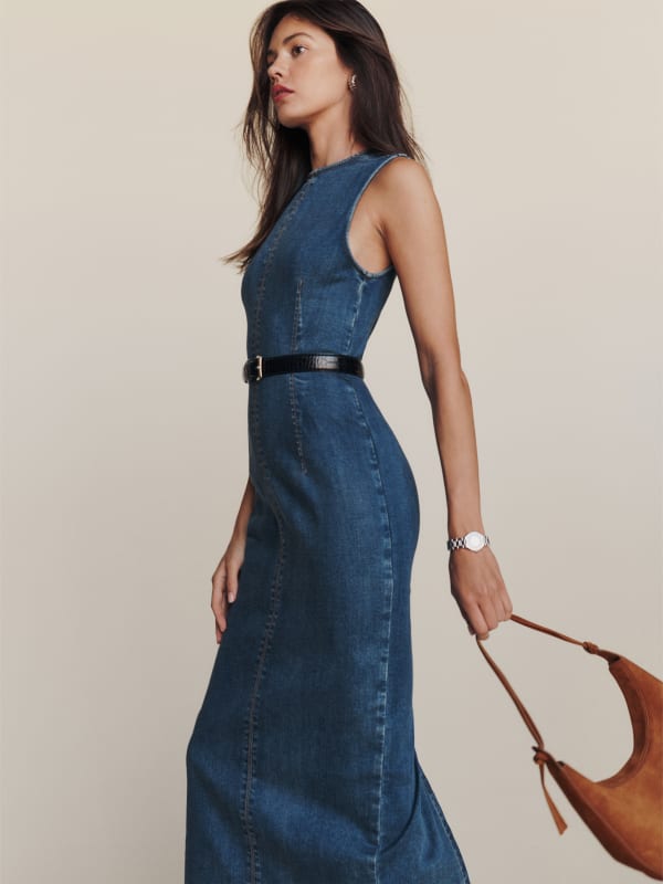 denim dress for night out Miami Dress In Denim With Black Ribbon Trim XS / 6645-DEN
