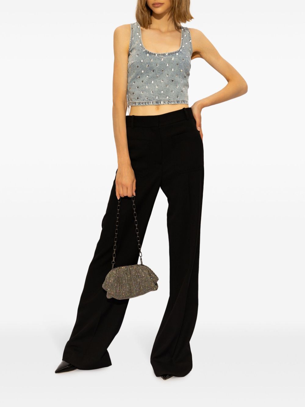 SELF-PORTRAIT Self-Portrait Rhinestone-Embellished Denim Top