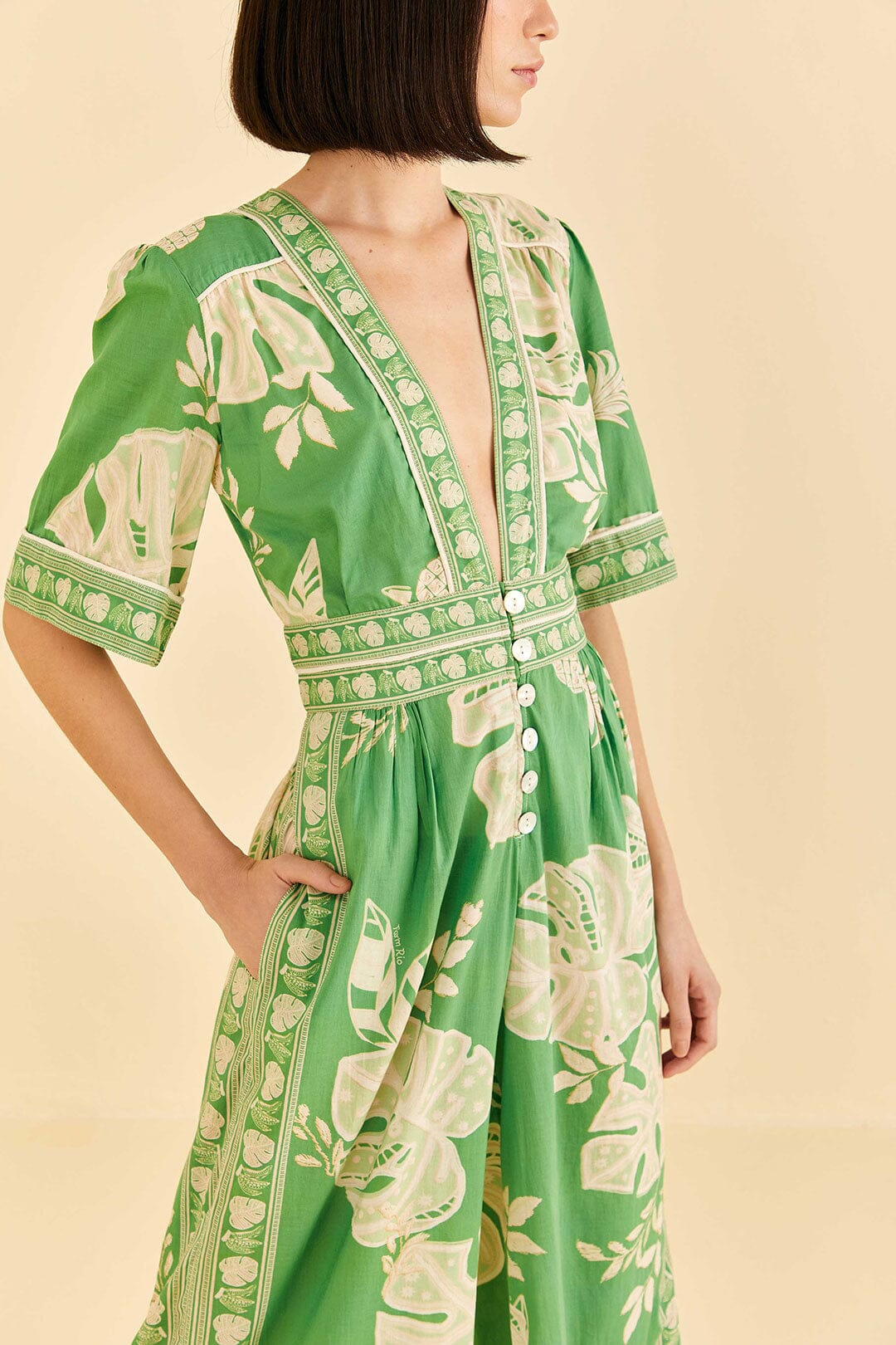 Farm Rio Floral Print Plunge Neck Jumpsuit - Lace Monsteras Green | Editorialist Farm Rio Floral Print Plunge Neck Jumpsuit - Lace Monsteras Green | Editorialist