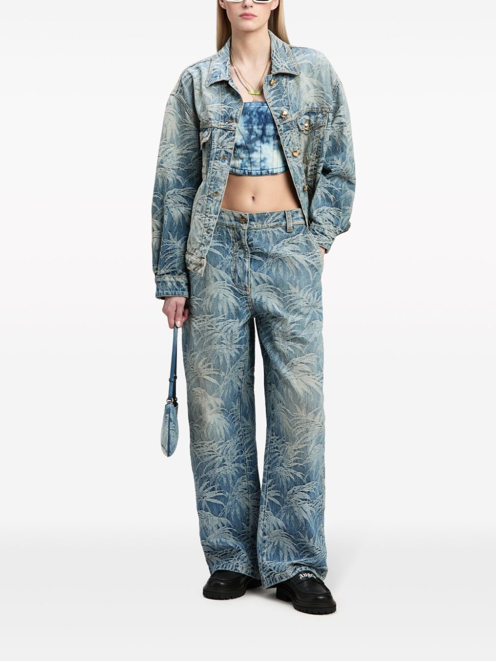 PALM ANGELS Palm Angels Palm Tree Print Wide Leg Jeans