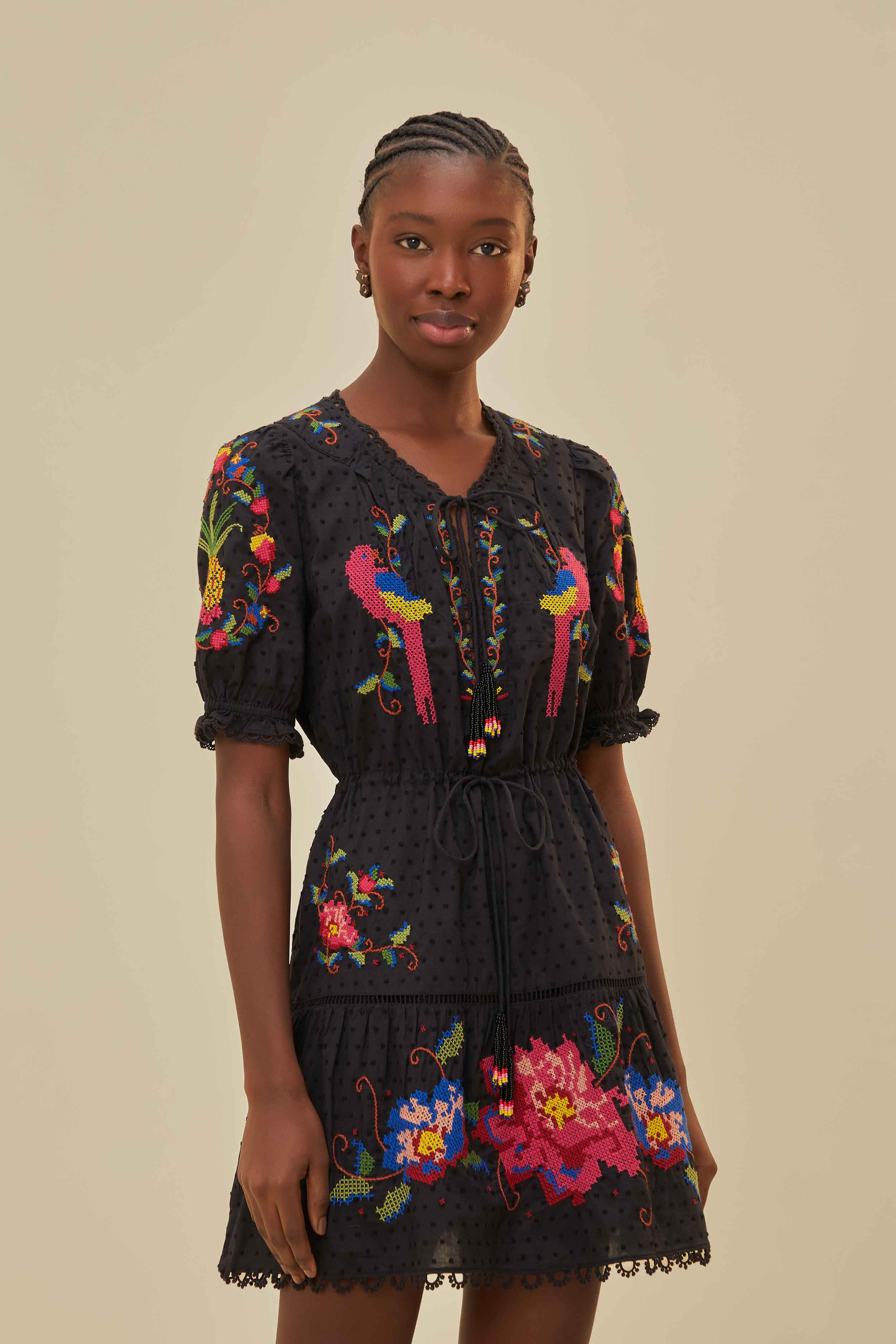 Farm Rio Active Embroidered Mini Dress - Black | Editorialist