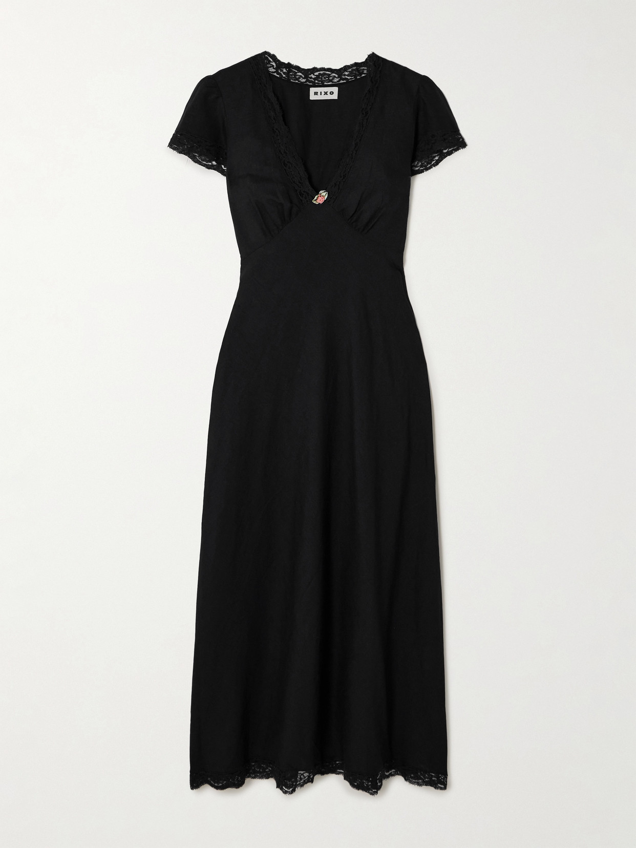 Rixo Clarice Lace-Trimmed AppliquD Voile Midi Dress - Black | Editorialist Rixo Clarice Lace-Trimmed AppliquD Voile Midi Dress - Black | Editorialist
