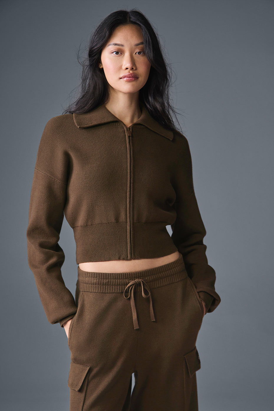 ALO ALO Scholar Knit Cropped Full Zip Jacket