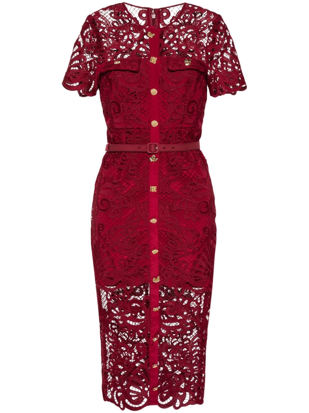 red guipure lace and taffeta midi dress Self-Portrait Guipure-Lace Midi Dress In Red - 60% Off