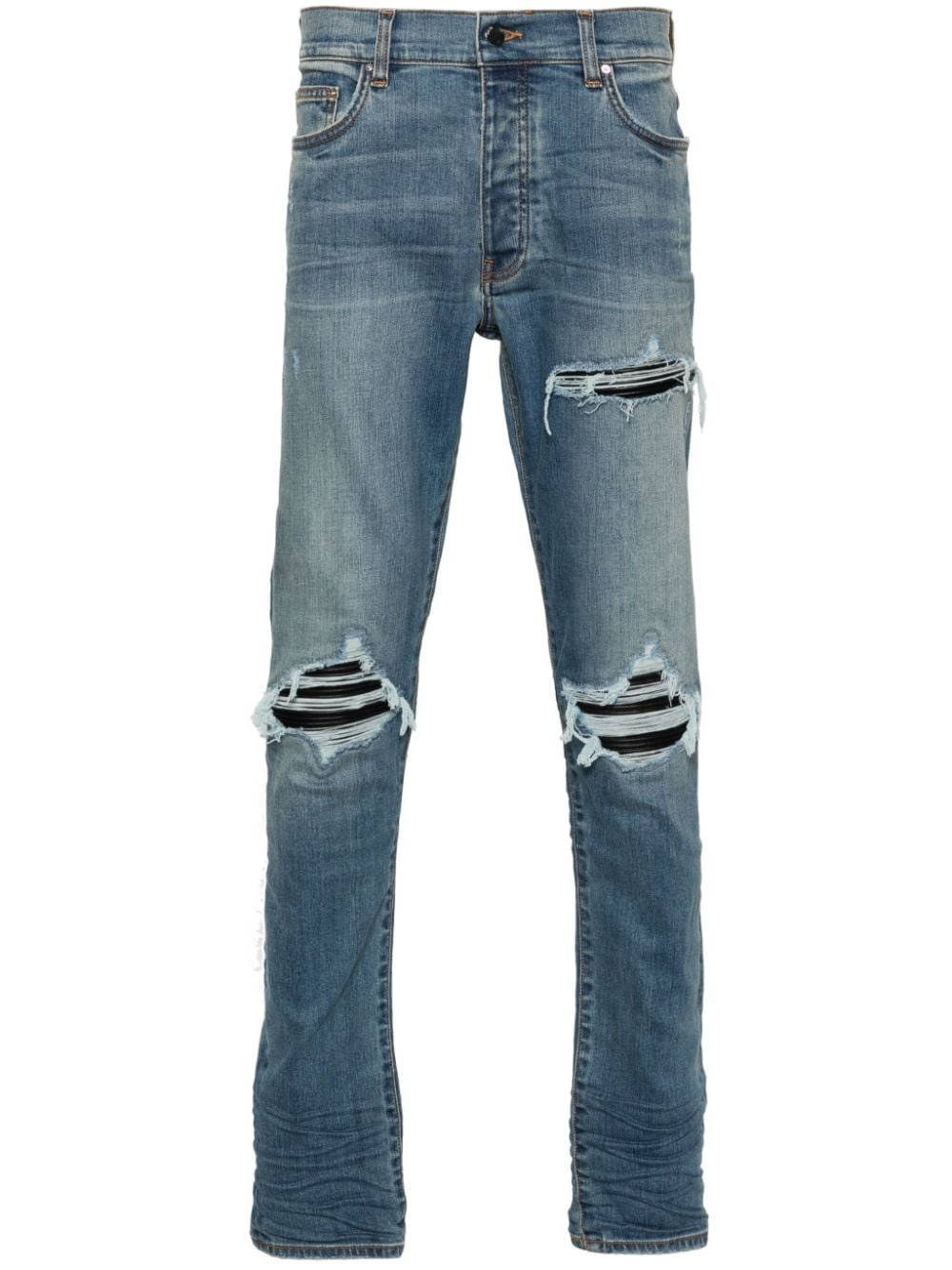 Amiri Mx1 Skinny-Fit Paneled Distressed Jeans In Blue 50% Off