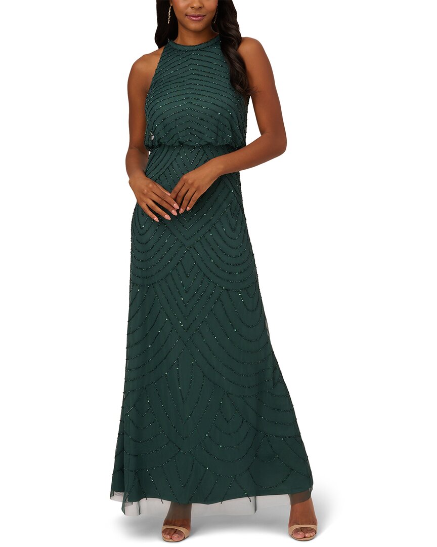 adrianna papell art deco beaded blouson dress with halter neckline Sunburst Art Deco Beaded Halter Gown In Gold