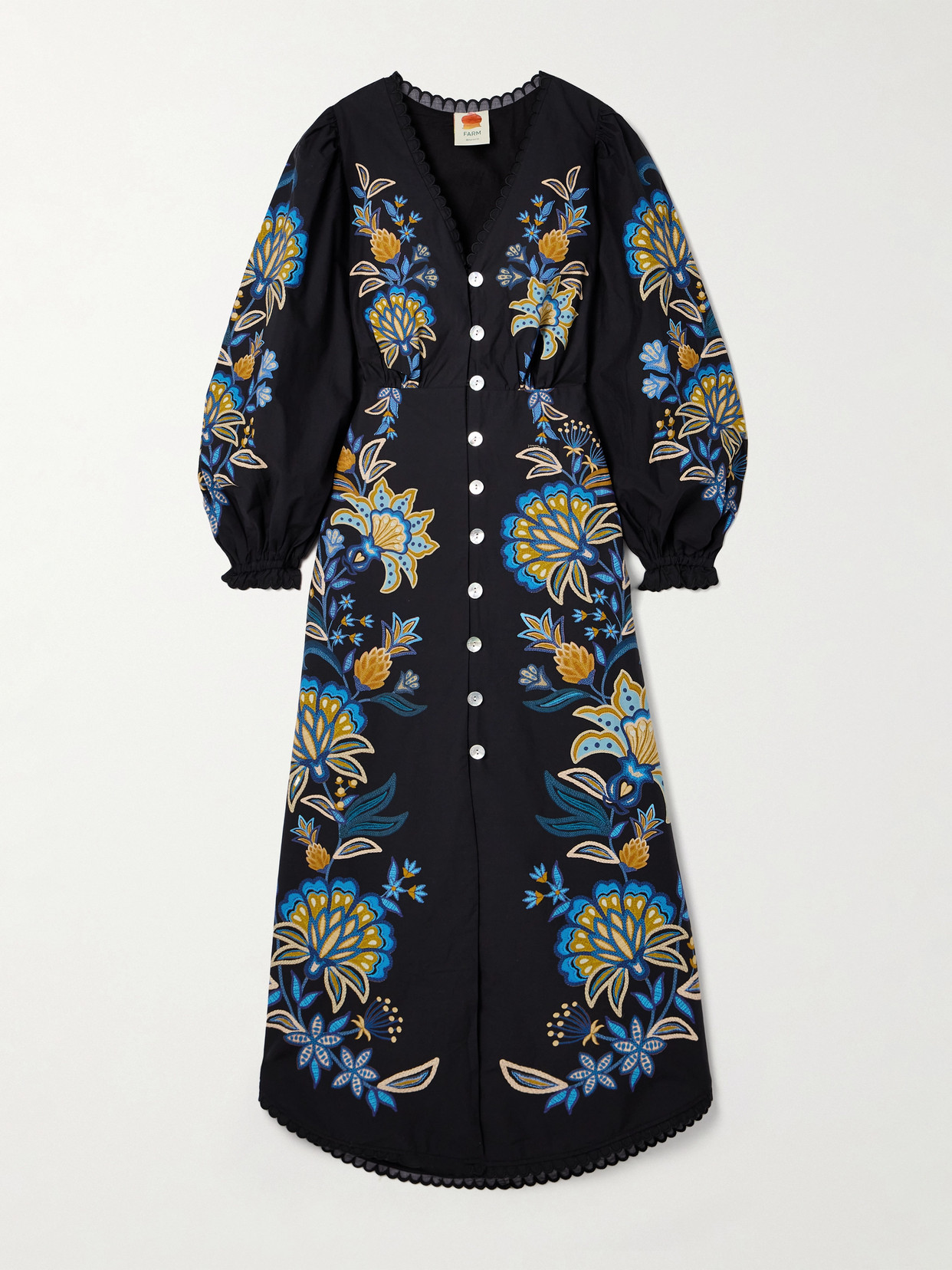 Farm Rio Scalloped Floral-Print Midi Dress In Black - 50% Off