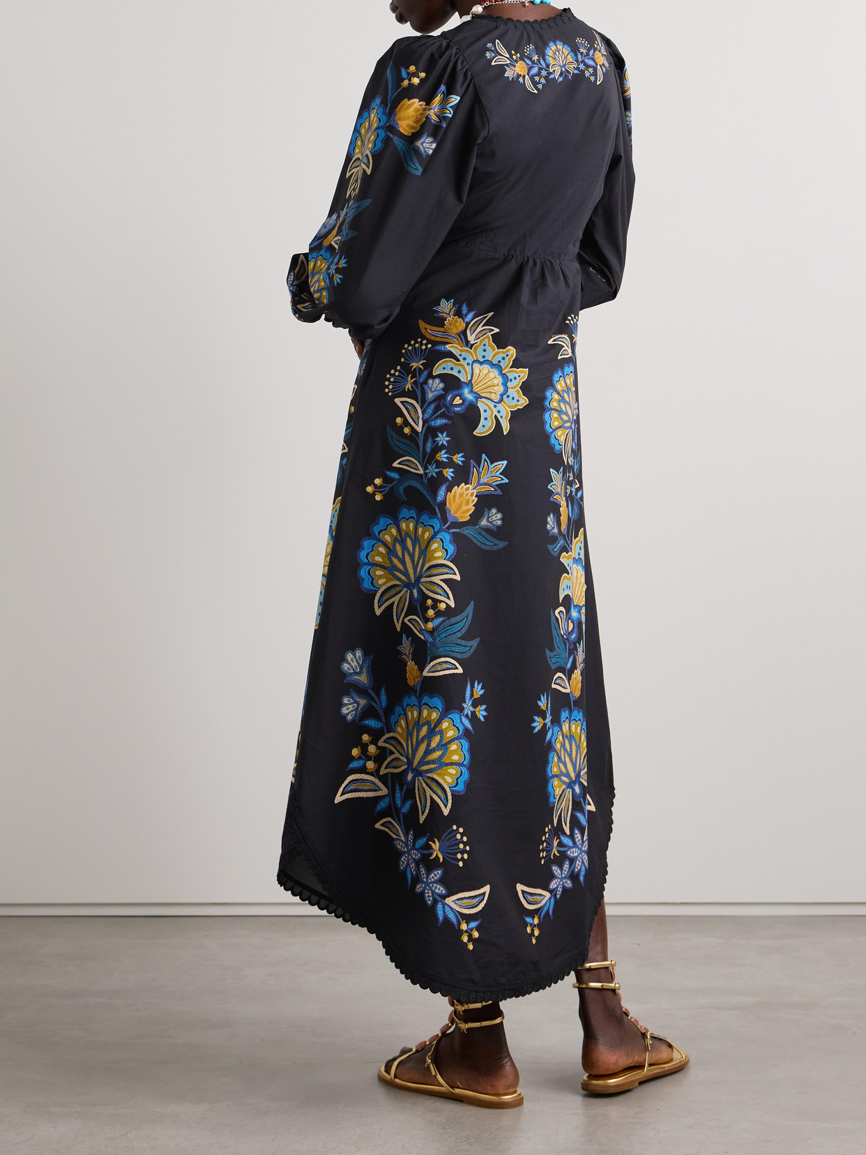 Farm Rio Scalloped Floral-Print Midi Dress In Black - 50% Off | Editorialist