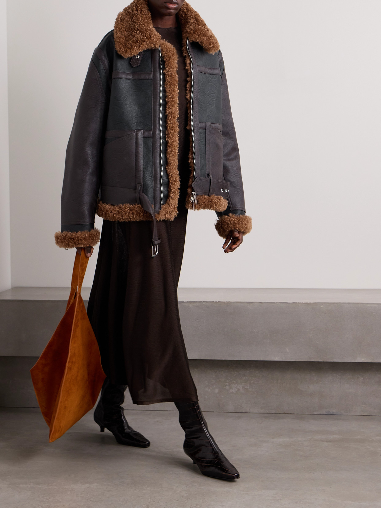 STELLA MCCARTNEY Stella McCartney Oversized Plush-Trimmed Two-Tone Vegan Fabric Jacket