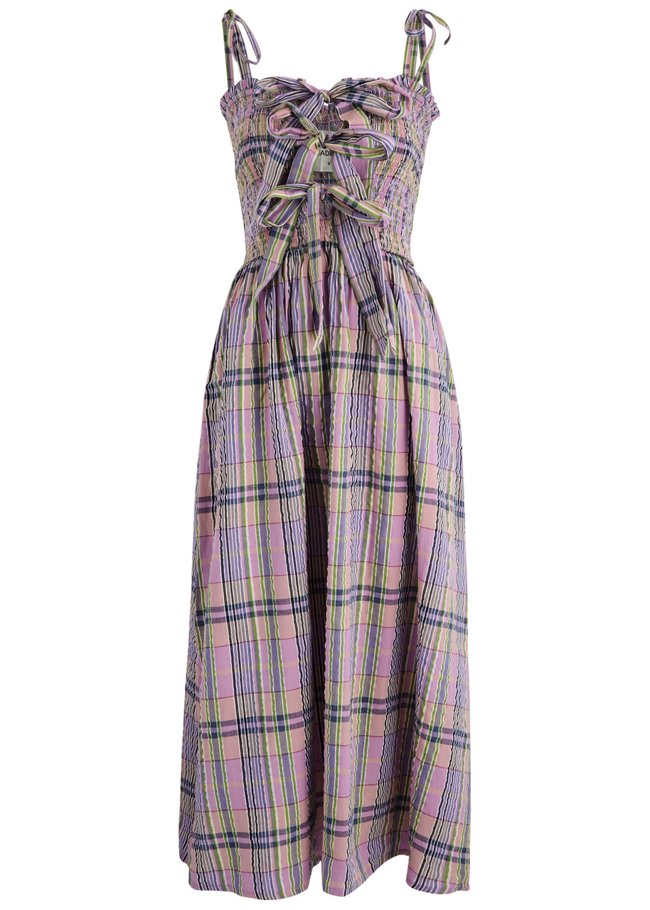 Damson Madder Hattie Checked Cotton Midi Dress In Lilac - 66% Off
