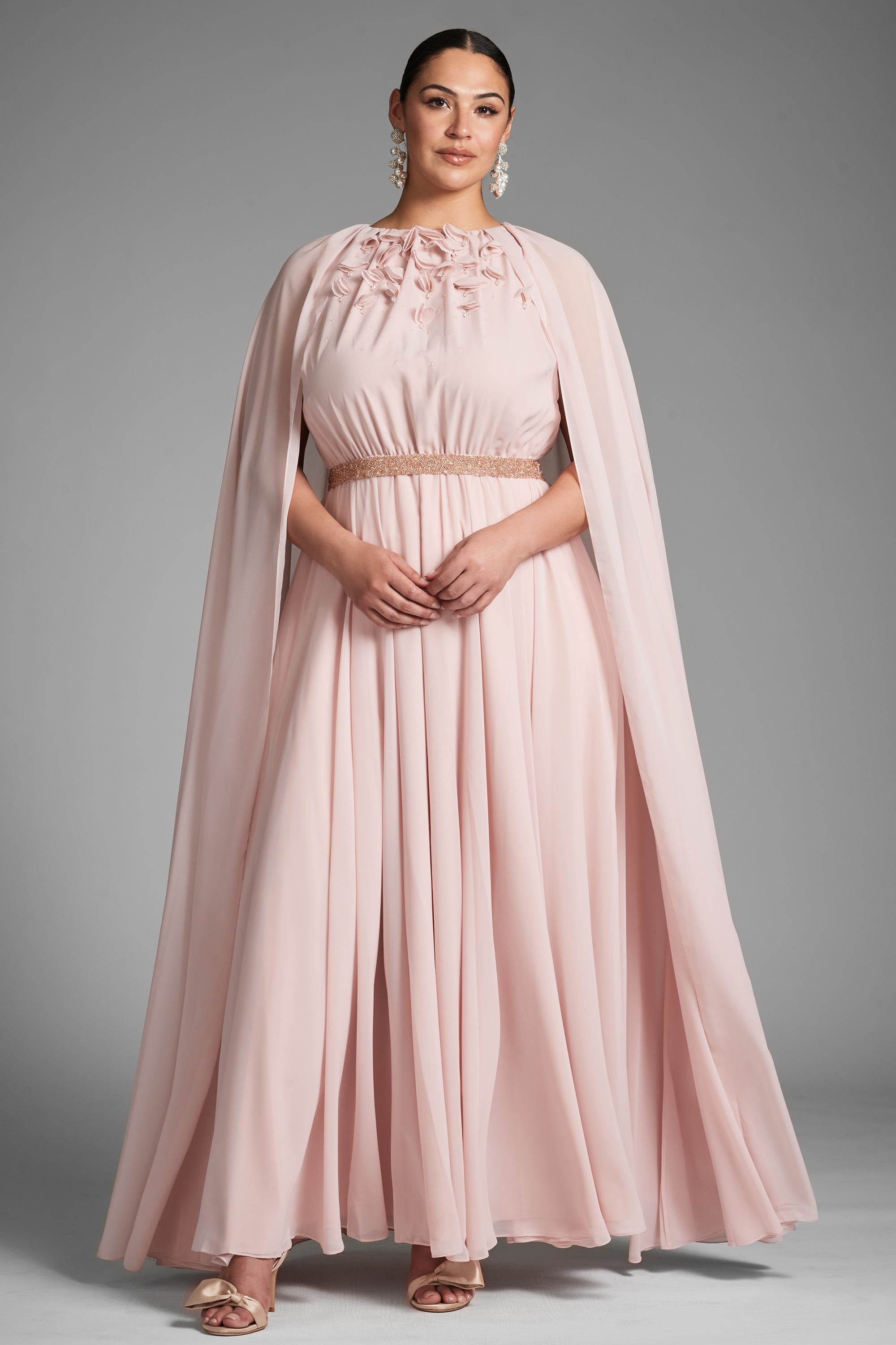 SACHIN & BABI Sachin & Babi Silk Chiffon Cape A-Line Gown