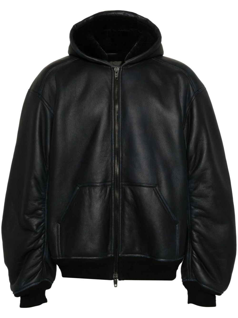 Balenciaga Hooded Leather Bomber Jacket In Blue - 35% Off