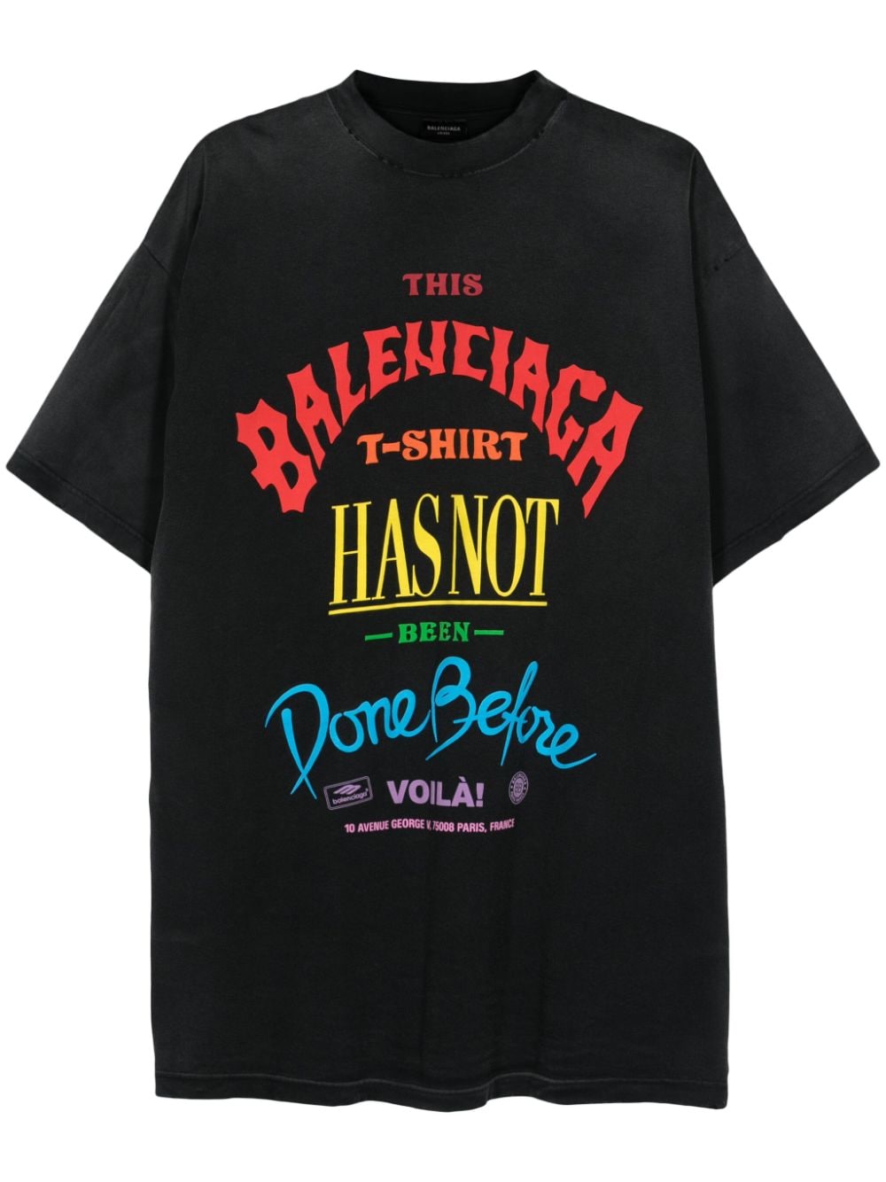 【美品】BALENCIAGA バレンシアガ Tシャツ デストロイクラッシュ NOT BEEN DONE 2024年製 ロゴ カラフル プリント ダメージ加工 オーバーサイズ 787349 カットソー トップス ユニセックス サイズ L ウォッシュドブラック マルチカラー ポルトガル製 BALENCIAGA（バレンシアガ） 23SS Skater T-Shirt デストロイ