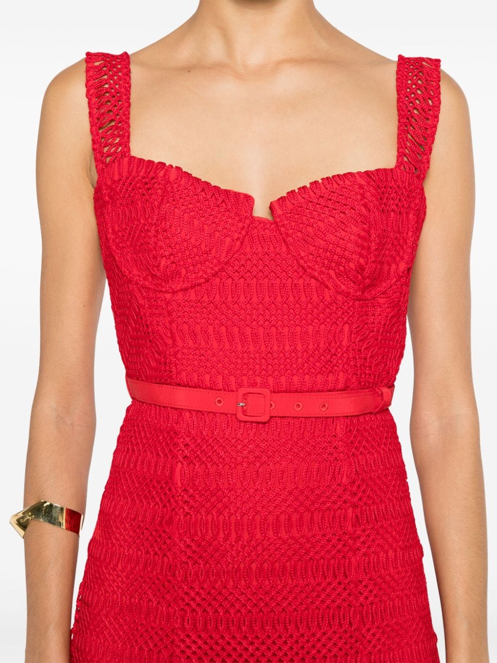 Self-Portrait Lattice Lace Belted Midi Dress In Red - 32% Off | Editorialist