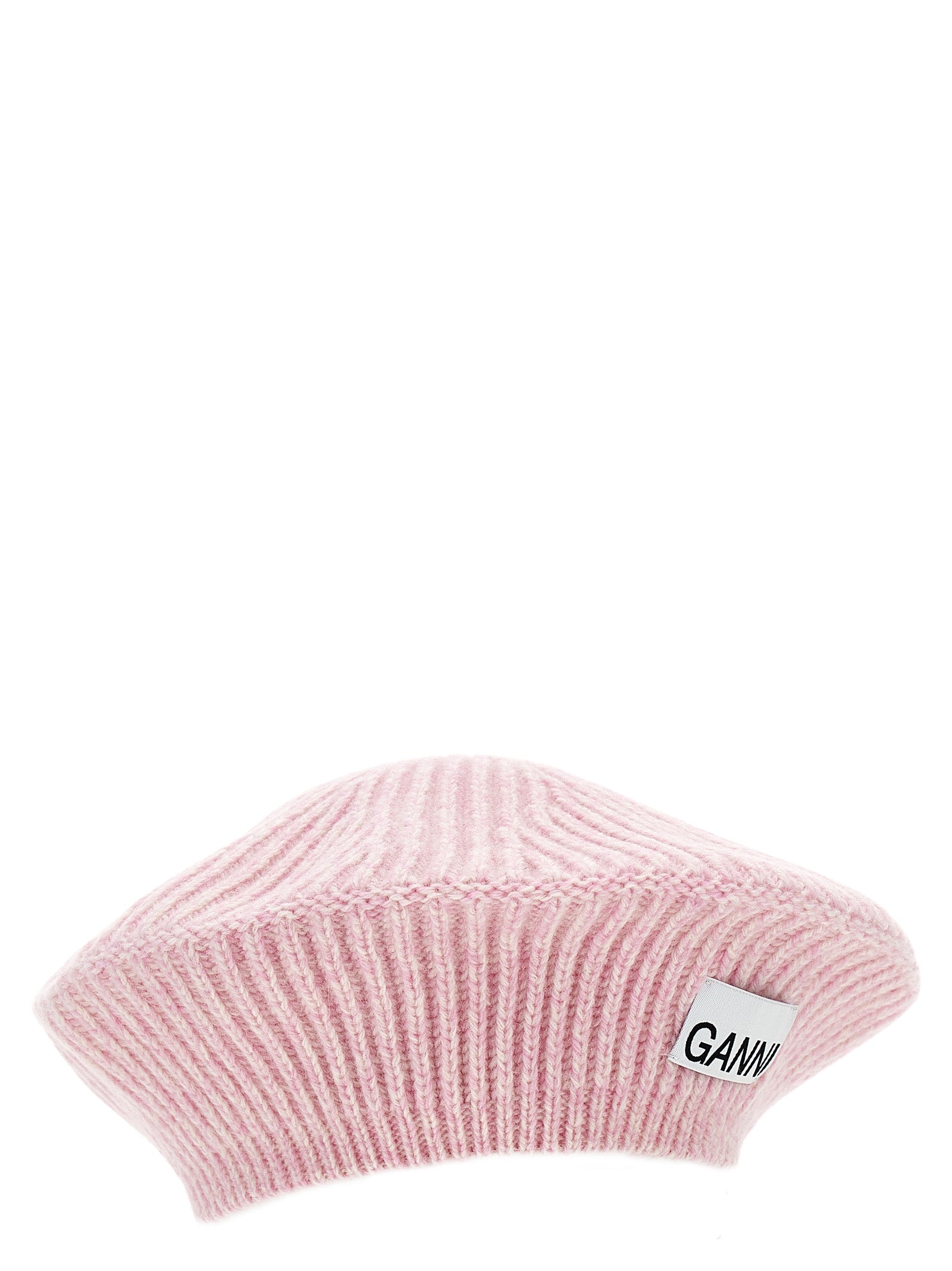GANNI Marled Pink Ribbed Cuff Beanie Signature Woven Logo Tag Knit Hat Ganni Fitted rib knit wool beanie for Women - Pink in KSA  main image 3