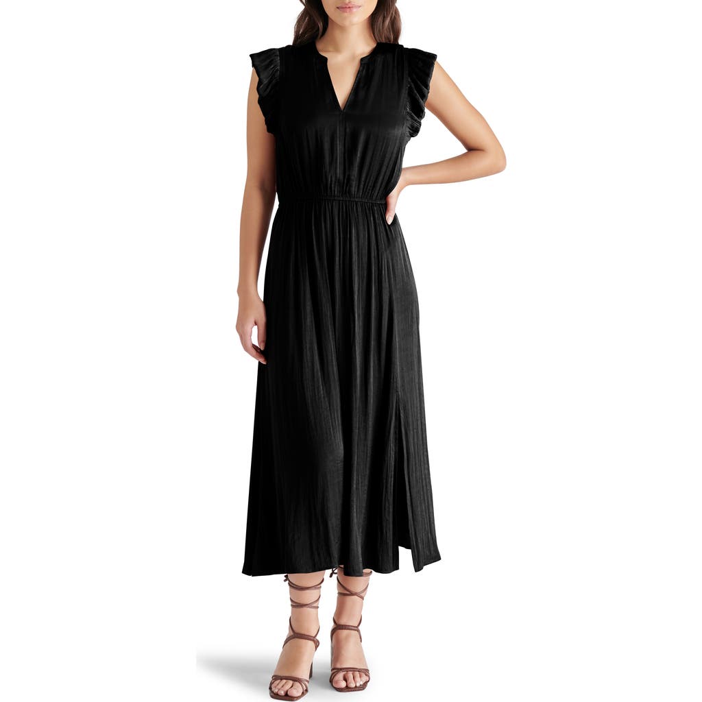 Steve Madden Allegra Ruffle Sleeve Satin Midi Dress In Black 50