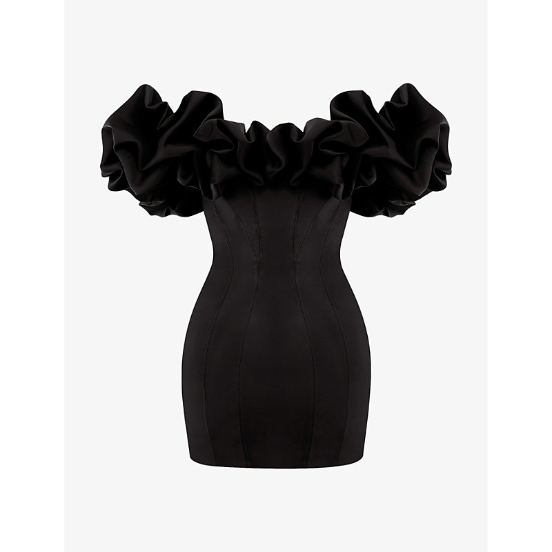 irreplaceable off the shoulder balloon sleeve mini dress in black Modal Off-Shoulder Bubble Hem Mini Dress in Black - XXL