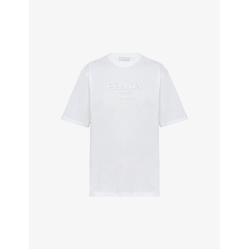 Prada Brand-Embroidered Boxy-Fit Cotton T-Shirt - White