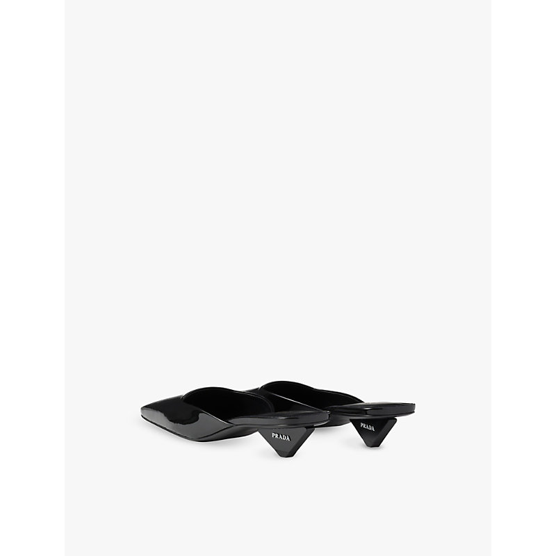 Prada Square-Toe Brand-Print Patent-Leather Heeled Mules - Black
