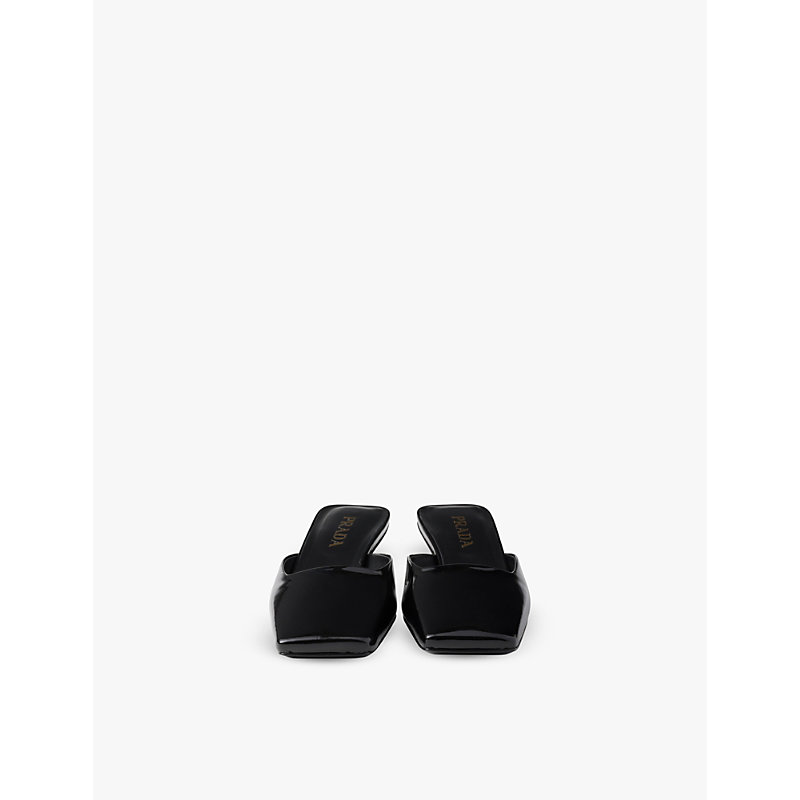 Prada Square-Toe Brand-Print Patent-Leather Heeled Mules - Black